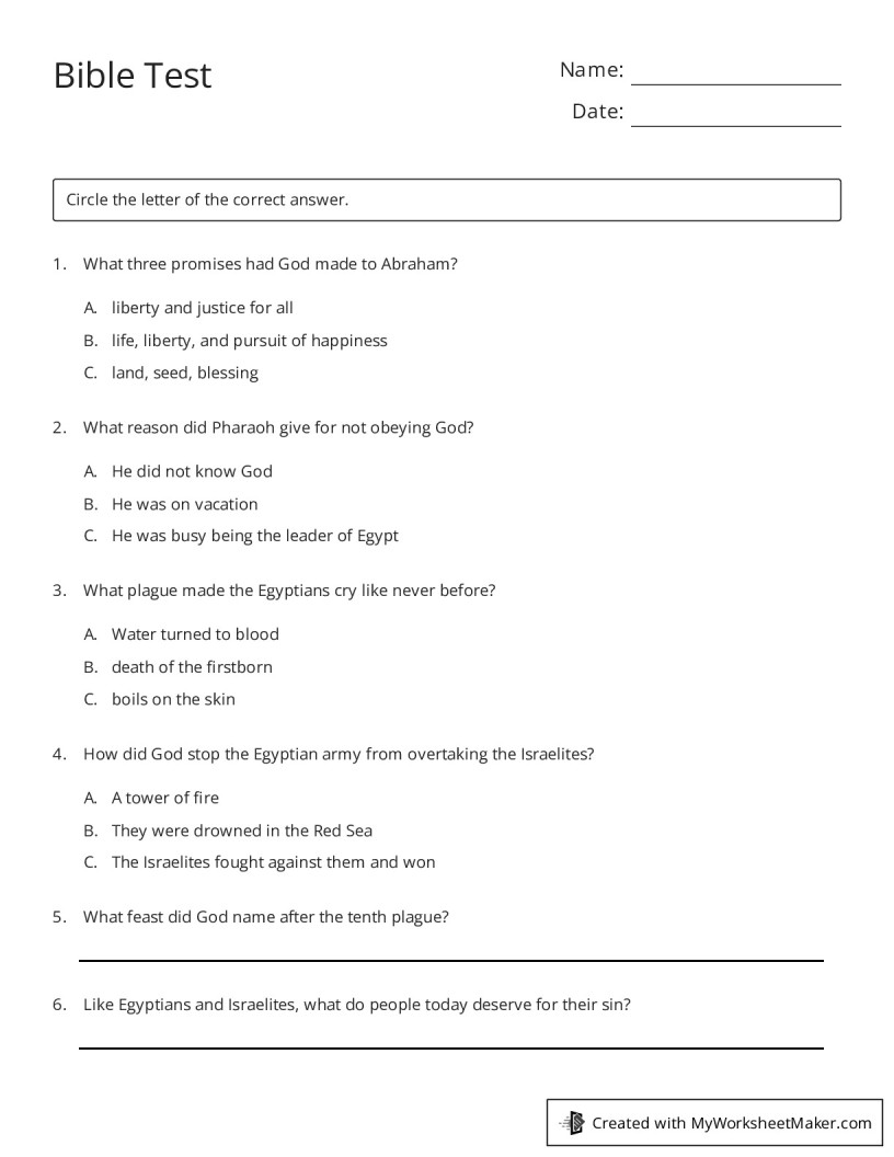 Bible Test - My Worksheet Maker: Create Your Own Worksheets