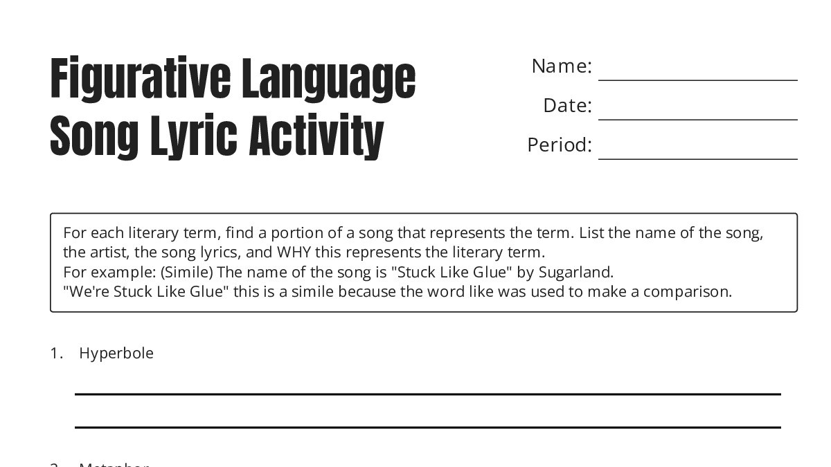 Figurative Language Song Lyric Activity - My Worksheet Maker: Create ...