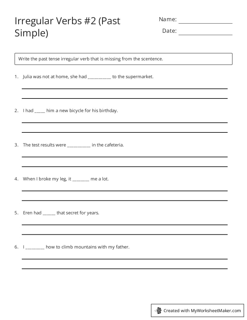 Irregular Verbs #2 (Past Simple) - My Worksheet Maker: Create Your Own ...