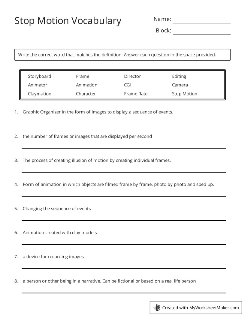 Stop Motion Vocabulary - My Worksheet Maker: Create Your Own Worksheets