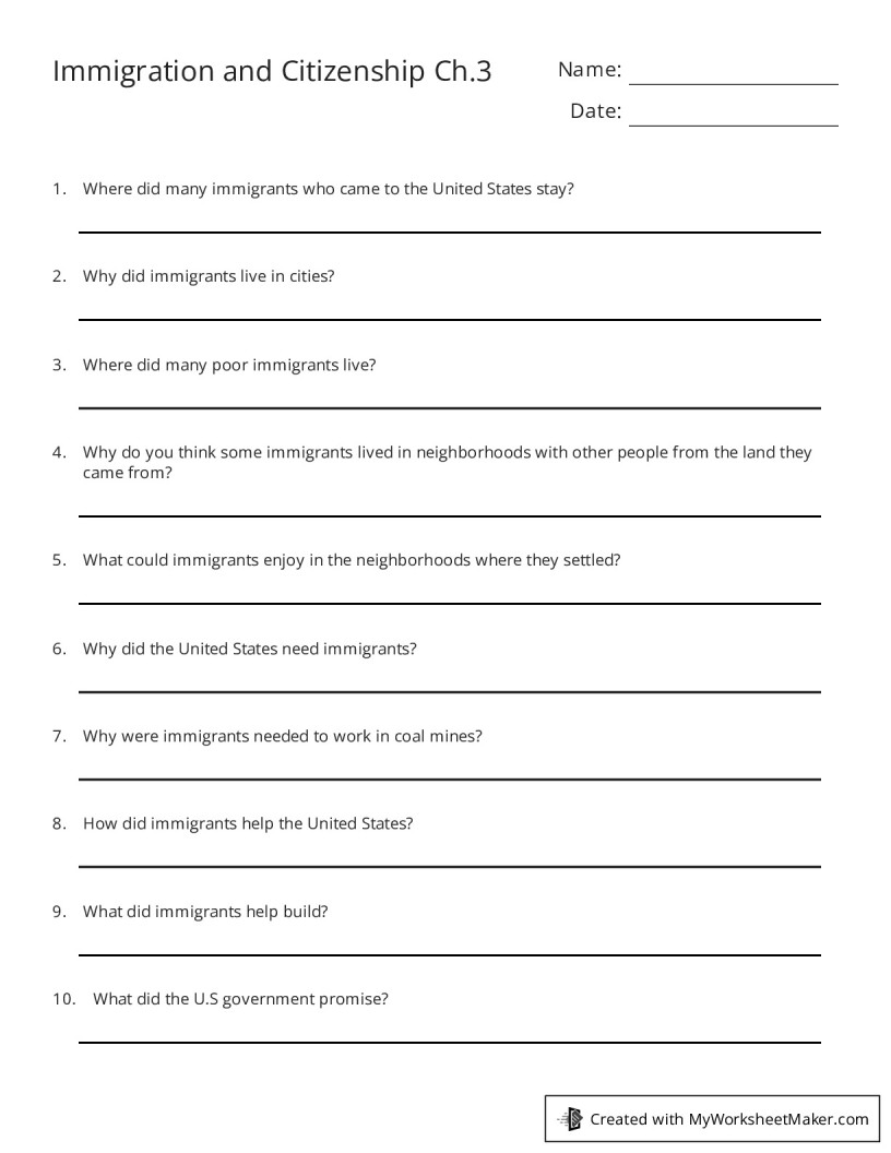 Immigration and Citizenship Ch.3 - My Worksheet Maker: Create Your Own ...