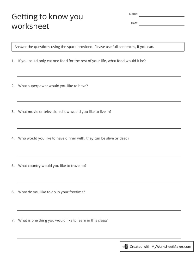 Getting to know you worksheet - My Worksheet Maker: Create Your Own ...