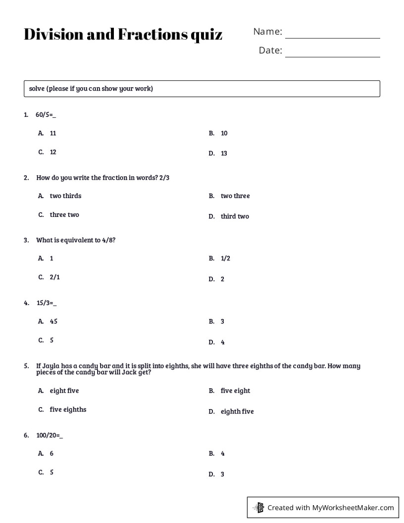 Division and Fractions quiz - My Worksheet Maker: Create Your Own ...