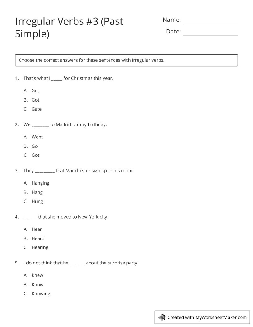 Irregular Verbs #3 (Past Simple) - My Worksheet Maker: Create Your Own ...