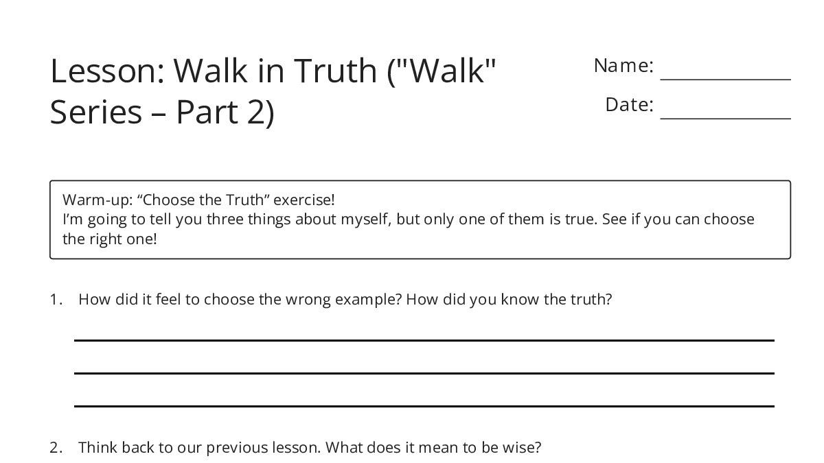 Lesson: Walk in Truth ("Walk" Series – Part 2) - My Worksheet Maker ...