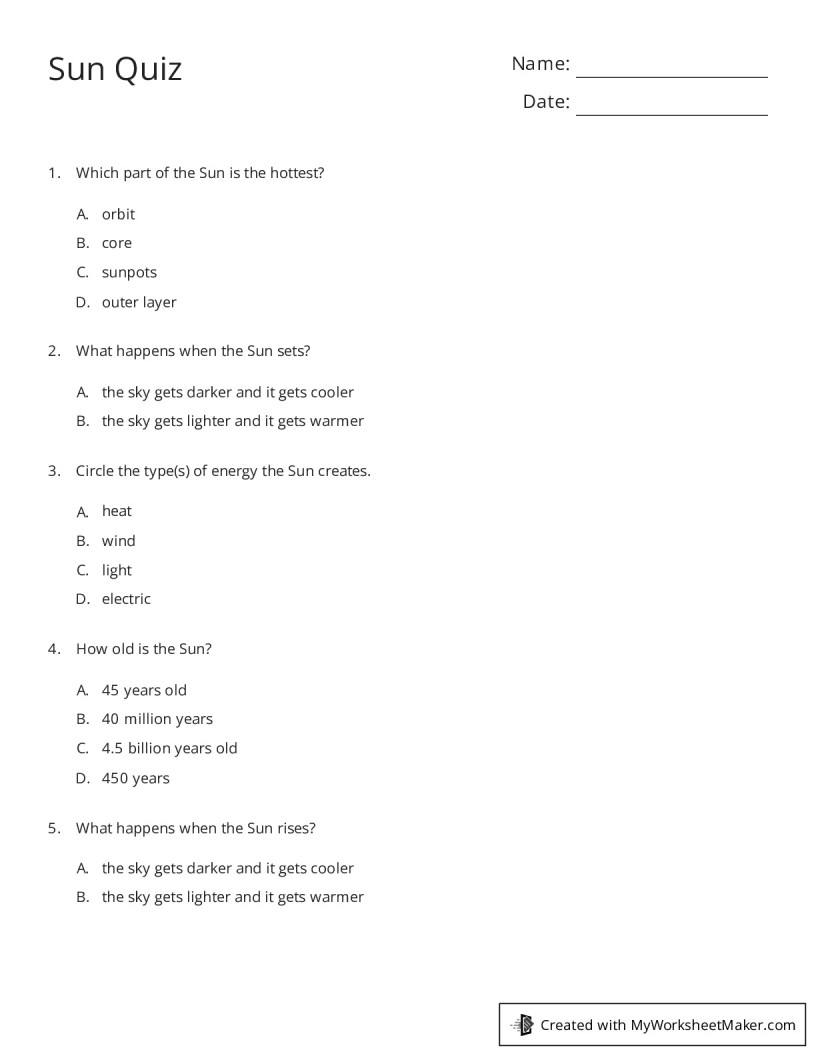 Sun Quiz - My Worksheet Maker: Create Your Own Worksheets