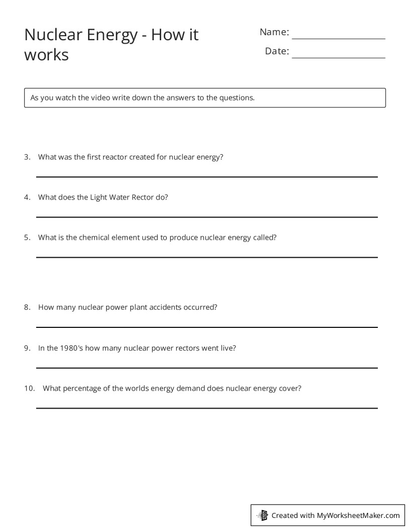 Nuclear Energy - How it works - My Worksheet Maker: Create Your Own ...
