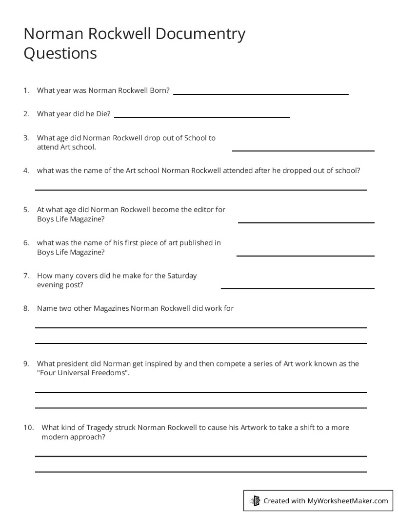 Norman Rockwell Documentry Questions - My Worksheet Maker: Create Your ...