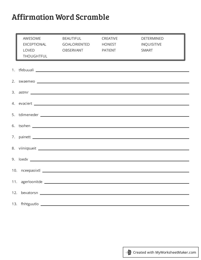 Affirmation Word Scramble - My Worksheet Maker: Create Your Own Worksheets