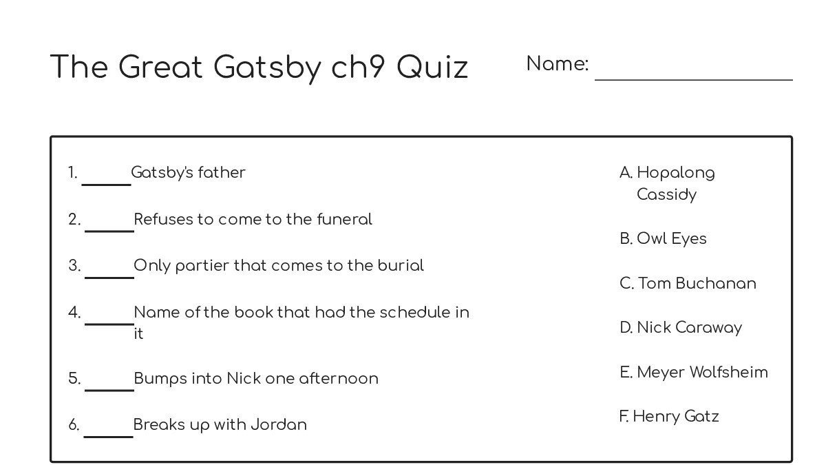 The Great Gatsby ch9 Quiz - My Worksheet Maker: Create Your Own Worksheets