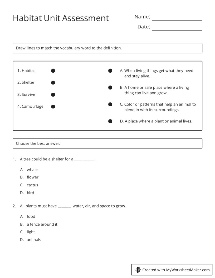 Habitat Unit Assessment - My Worksheet Maker: Create Your Own Worksheets