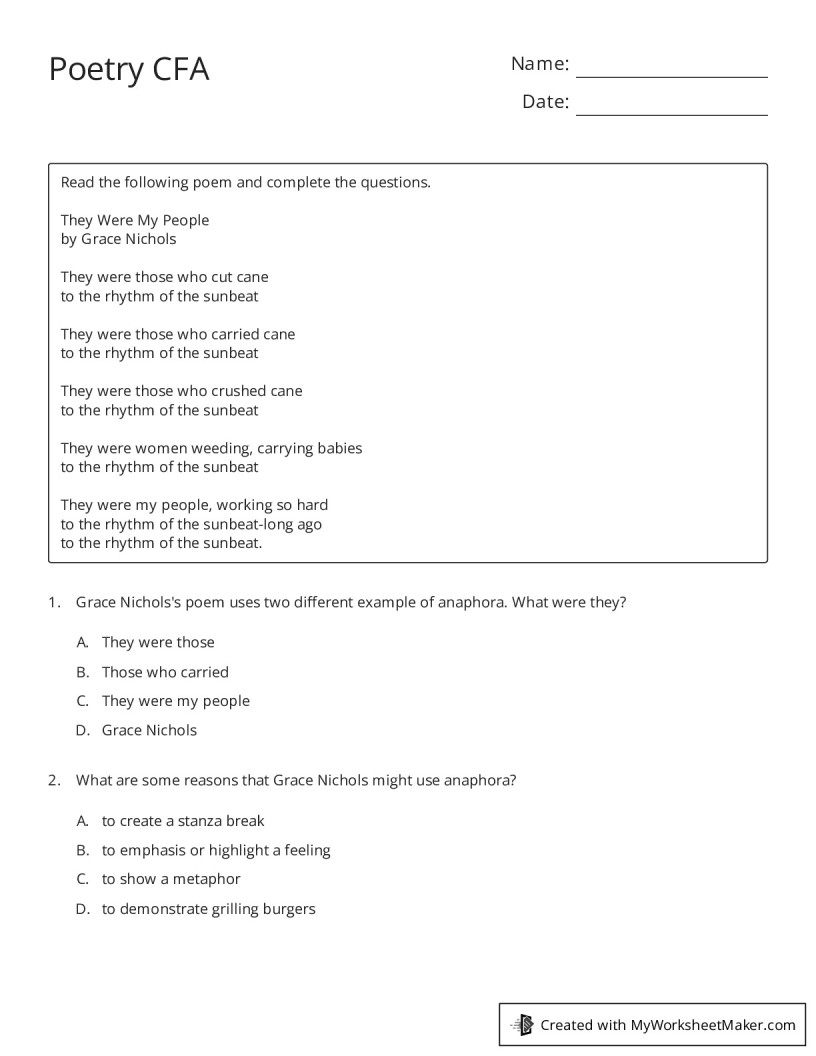 Poetry CFA - My Worksheet Maker: Create Your Own Worksheets