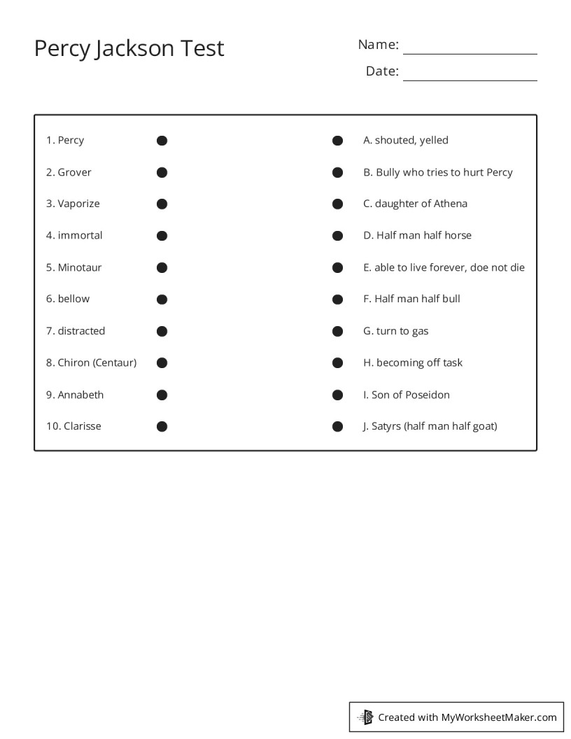 Percy Jackson Test - My Worksheet Maker: Create Your Own Worksheets