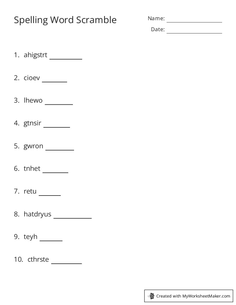 Spelling Word Scramble - My Worksheet Maker: Create Your Own Worksheets