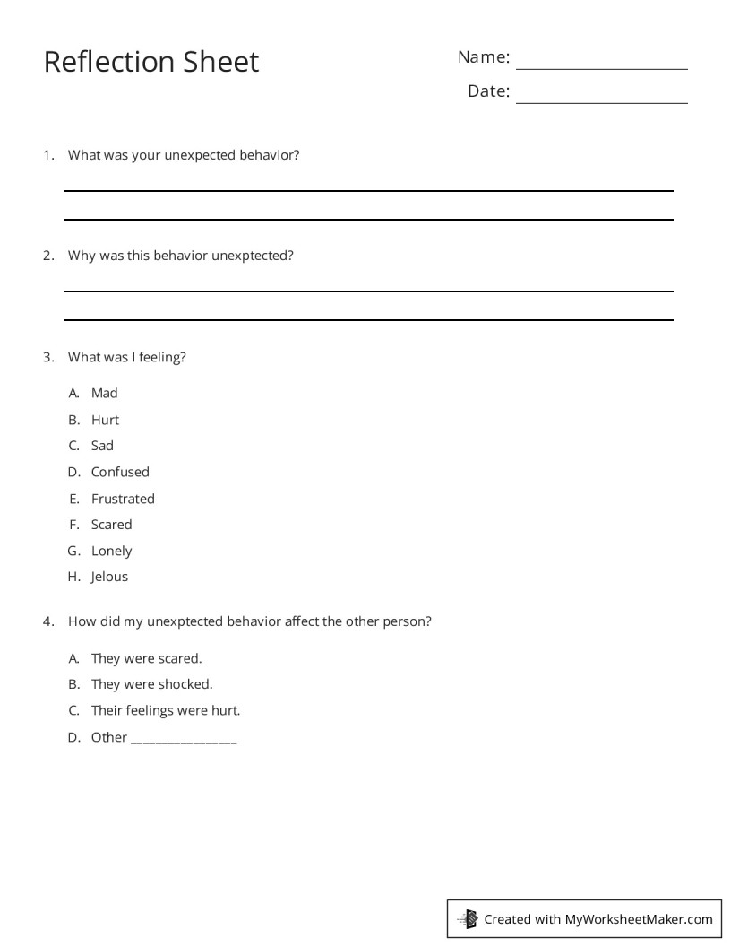 Reflection Sheet - My Worksheet Maker: Create Your Own Worksheets