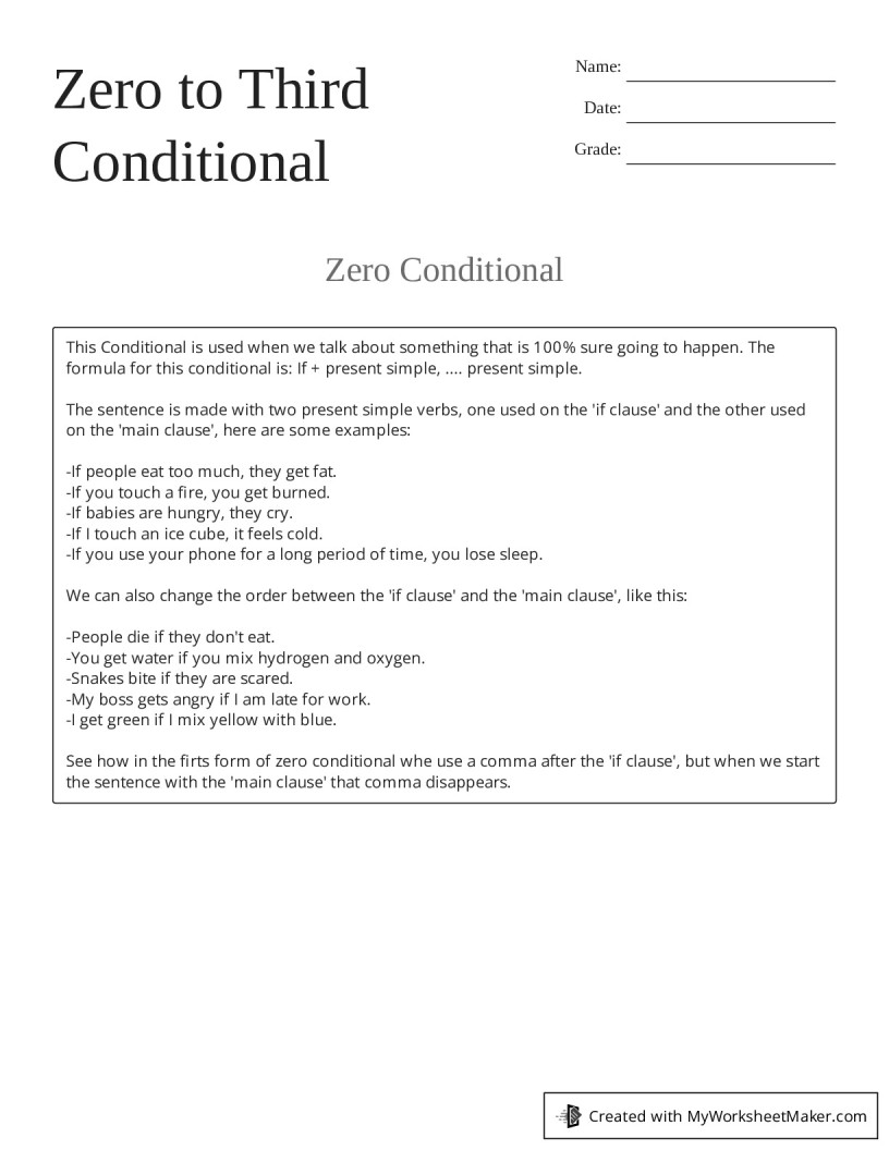 Zero to Third Conditional - My Worksheet Maker: Create Your Own Worksheets