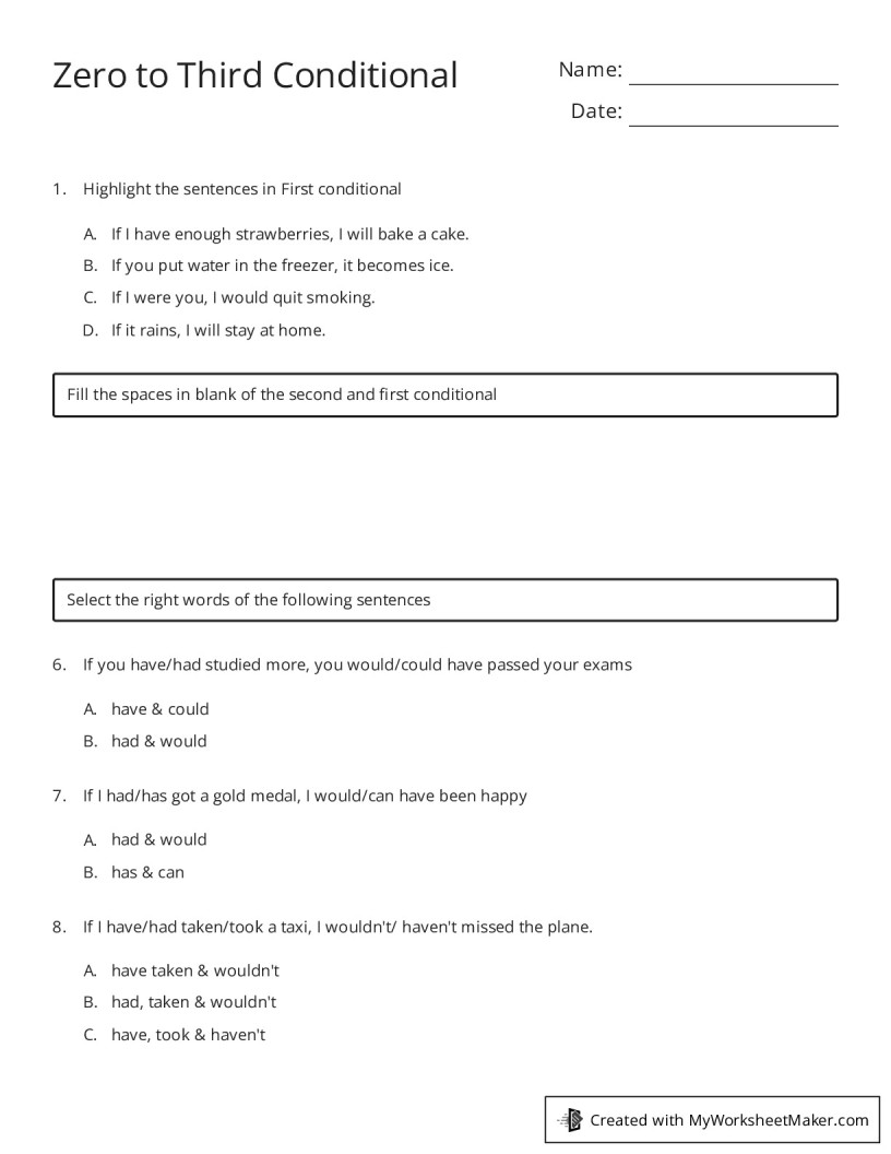 Zero to Third Conditional - My Worksheet Maker: Create Your Own Worksheets