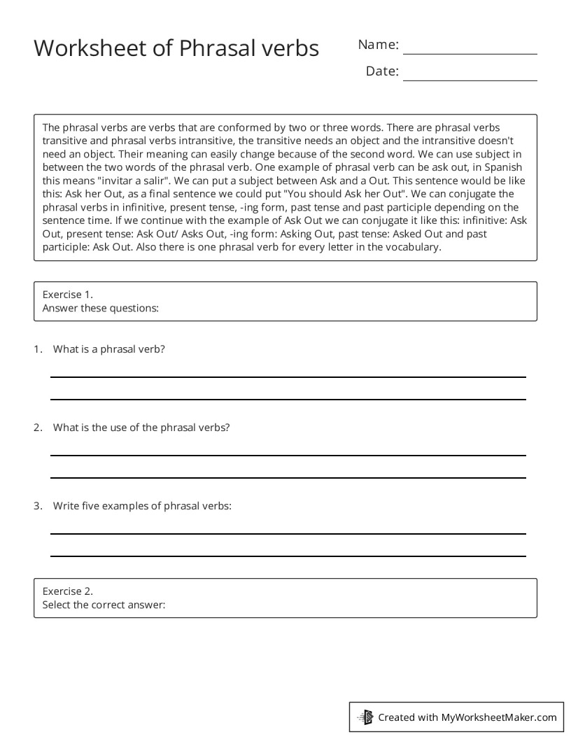 Worksheet of Phrasal verbs - My Worksheet Maker: Create Your Own Worksheets