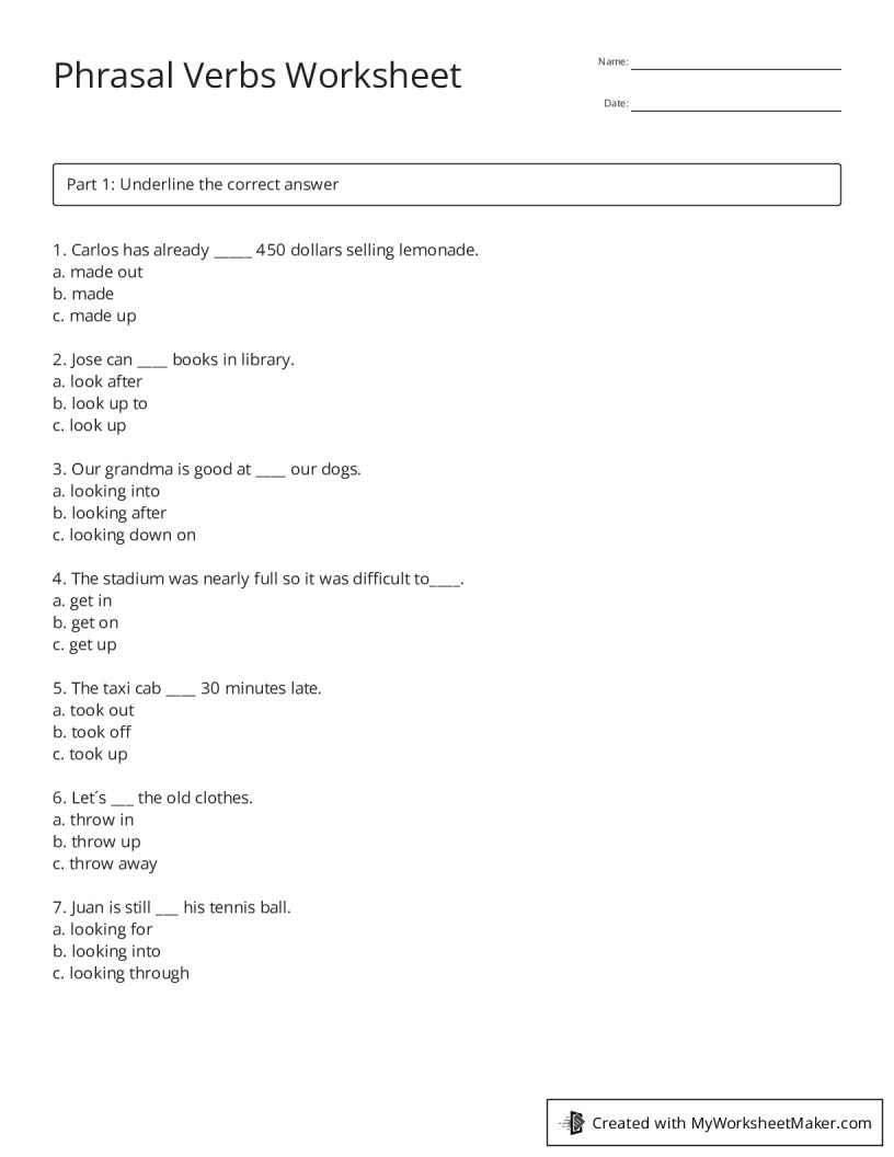 Phrasal Verbs Worksheet - My Worksheet Maker: Create Your Own Worksheets
