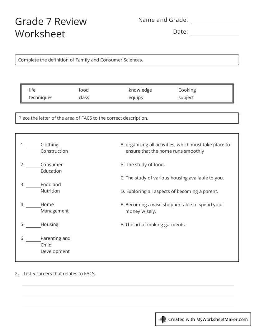 Grade 7 Review Worksheet - My Worksheet Maker: Create Your Own Worksheets