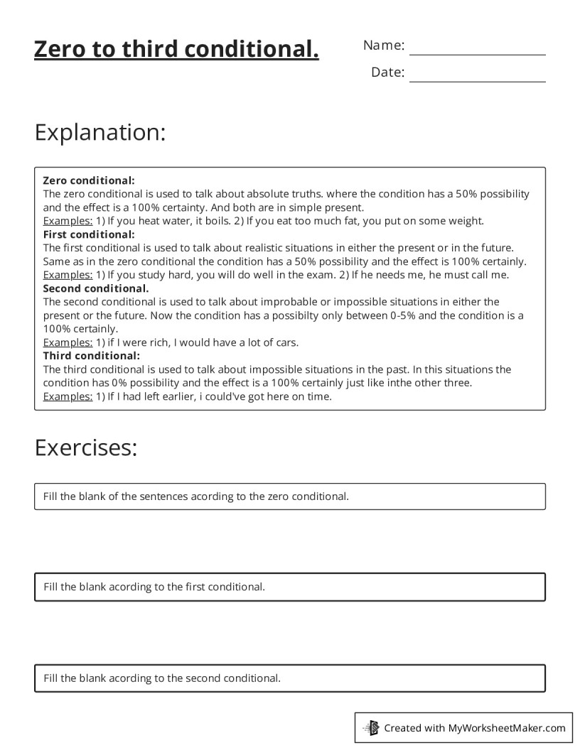 Zero to third conditional. - My Worksheet Maker: Create Your Own Worksheets
