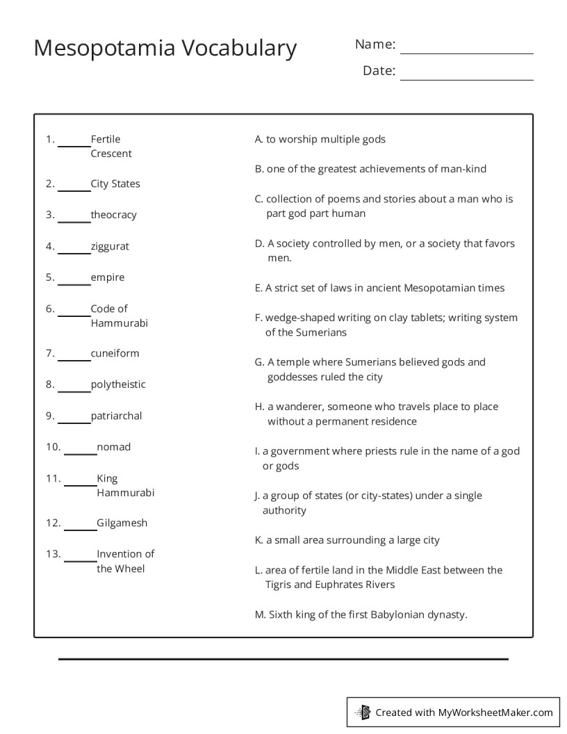 Mesopotamia Vocabulary - My Worksheet Maker: Create Your Own Worksheets