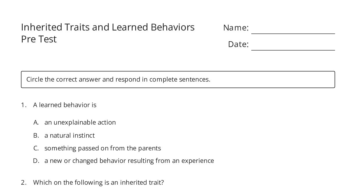 Inherited Traits and Learned Behaviors Pre Test - My Worksheet Maker ...