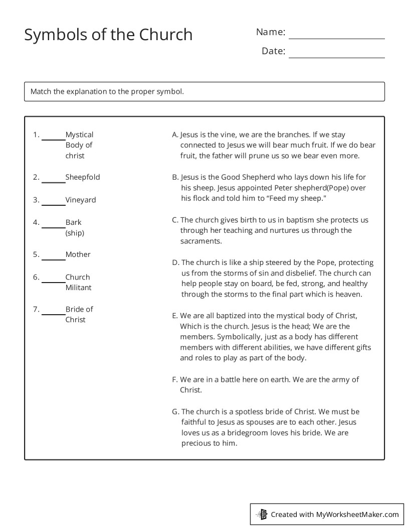 Symbols of the Church - My Worksheet Maker: Create Your Own Worksheets