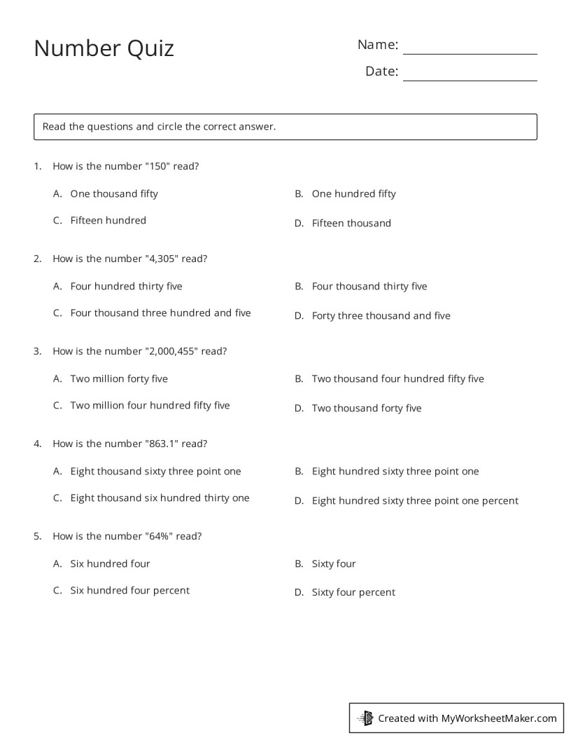 Number Quiz - My Worksheet Maker: Create Your Own Worksheets