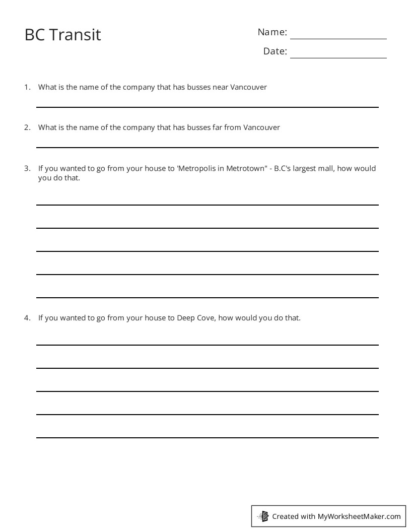 BC Transit - My Worksheet Maker: Create Your Own Worksheets