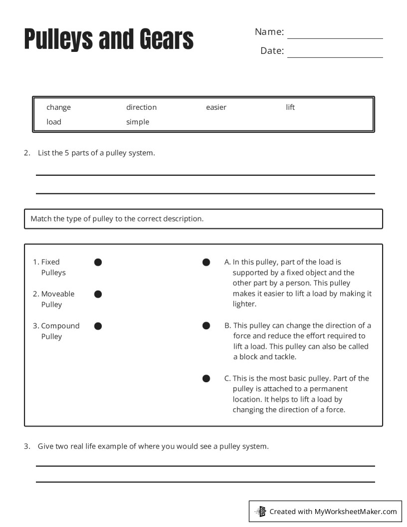 Pulleys and Gears - My Worksheet Maker: Create Your Own Worksheets