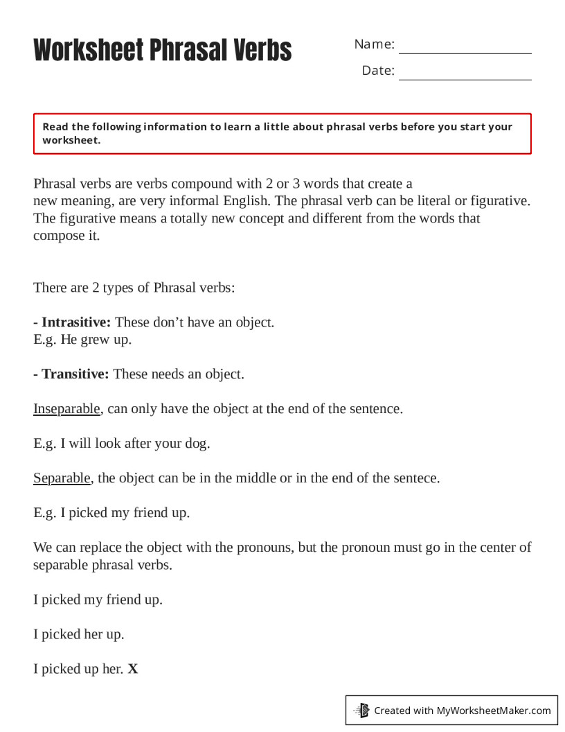 Worksheet Phrasal Verbs - My Worksheet Maker: Create Your Own Worksheets