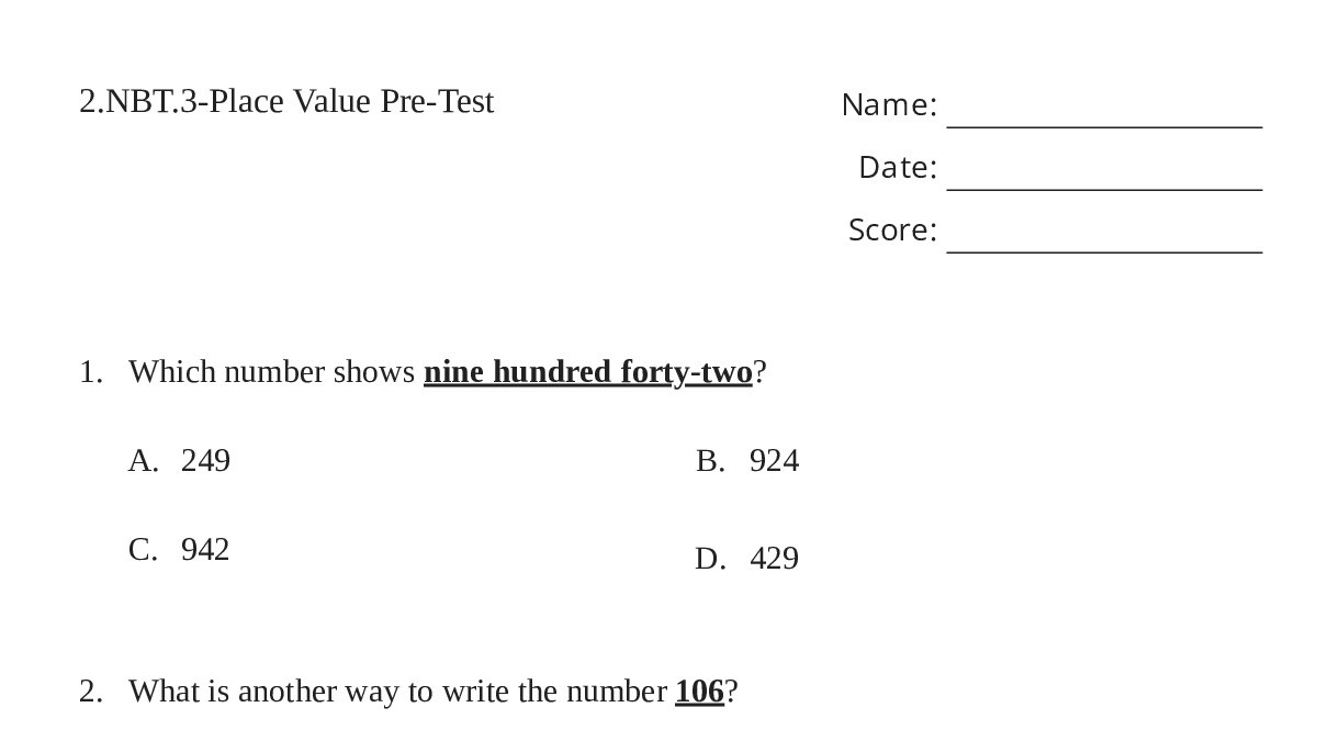 2.NBT.3-Place Value Pre-Test - My Worksheet Maker: Create Your Own ...