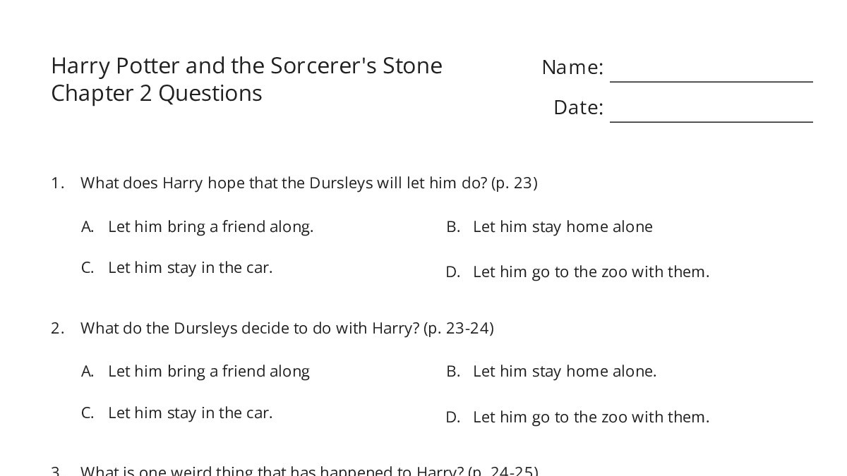 Harry Potter and the Sorcerer's Stone Chapter 2 Questions - My ...