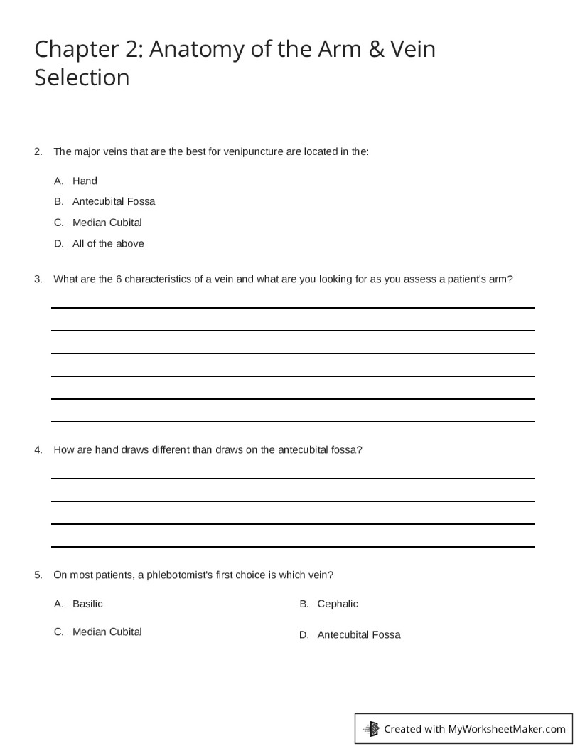 Chapter 2: Anatomy of the Arm & Vein Selection - My Worksheet Maker ...