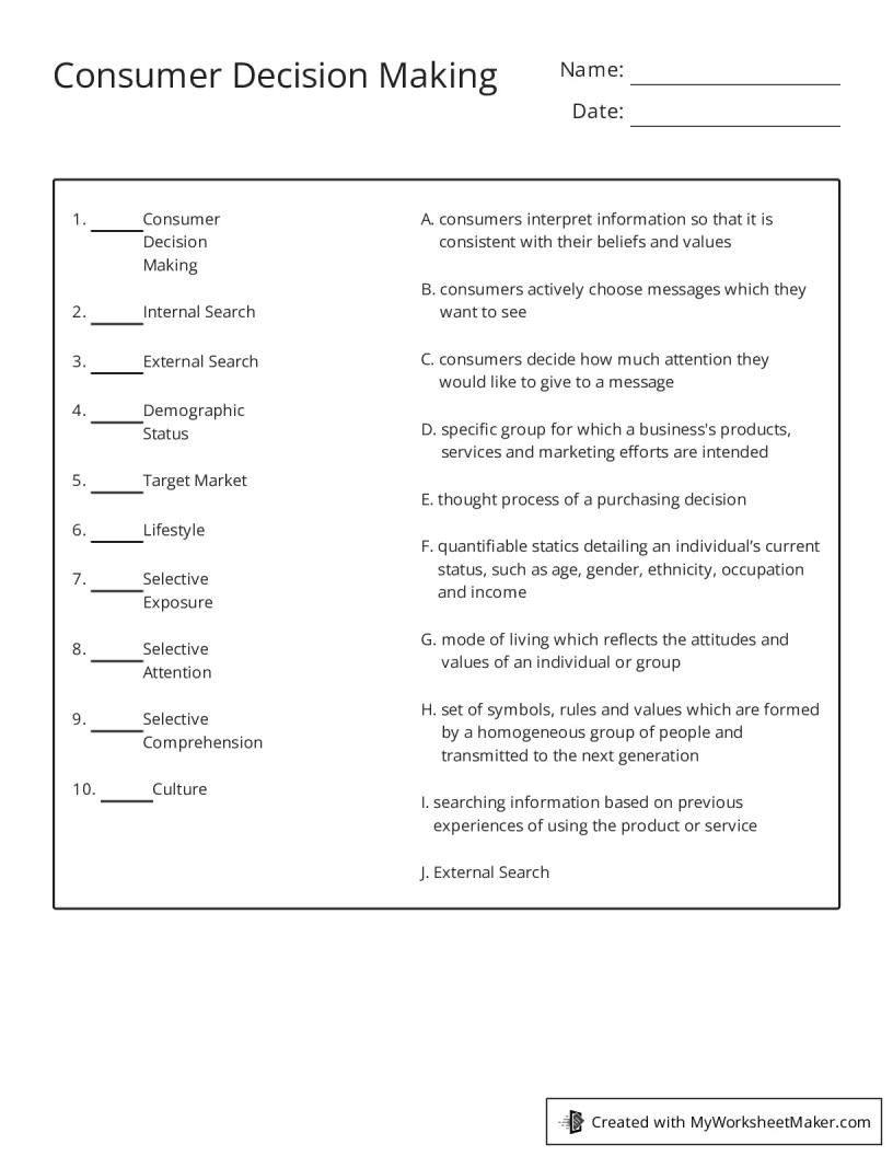 Consumer Decision Making - My Worksheet Maker: Create Your Own Worksheets