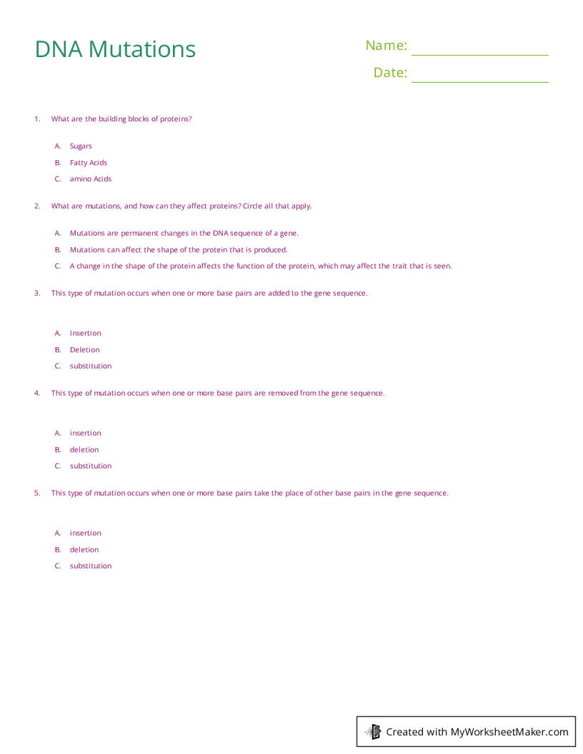 DNA Mutations - My Worksheet Maker: Create Your Own Worksheets