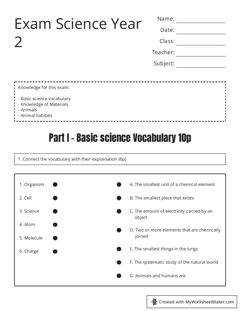 Exam Science Year 2 - My Worksheet Maker: Create Your Own Worksheets
