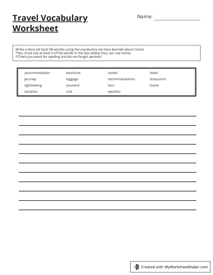 Travel Vocabulary Worksheet﻿ - My Worksheet Maker: Create Your Own ...
