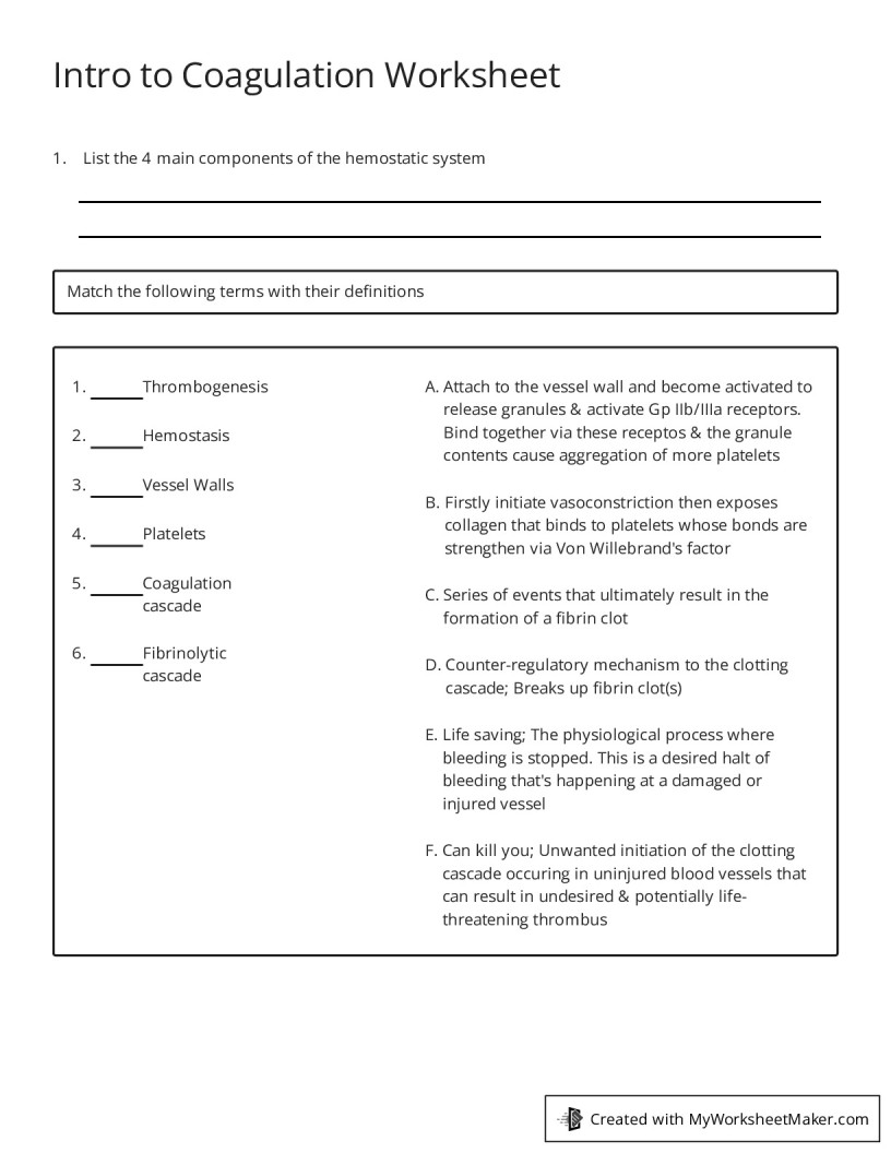 Intro to Coagulation Worksheet - My Worksheet Maker: Create Your Own ...