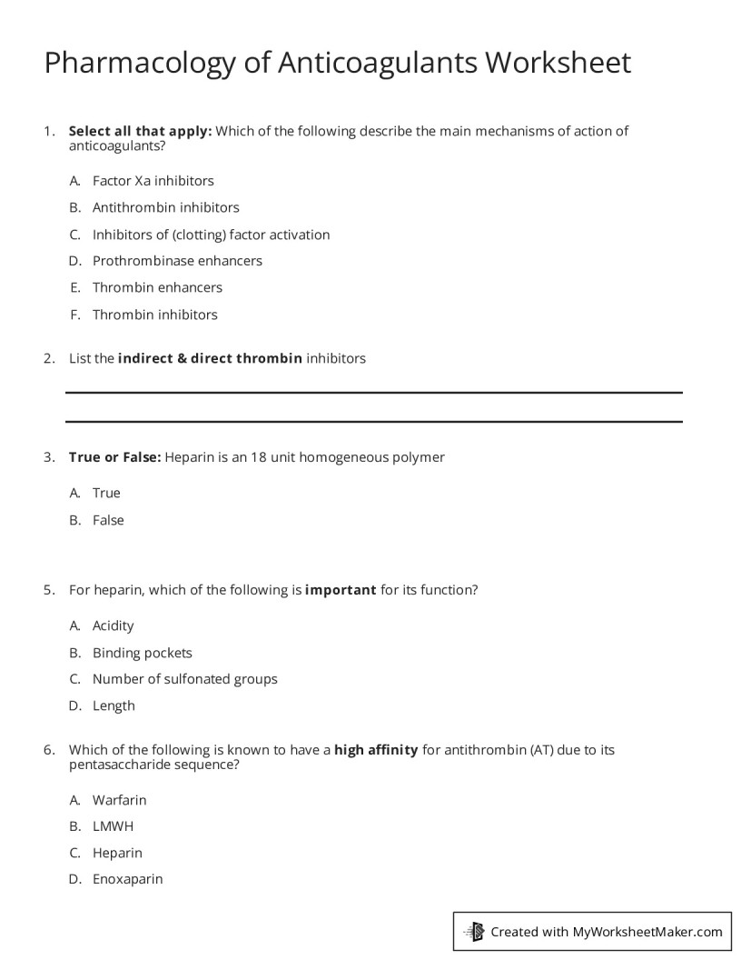 Pharmacology of Anticoagulants Worksheet - My Worksheet Maker: Create ...