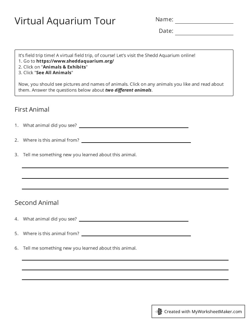 Virtual Aquarium Tour - My Worksheet Maker: Create Your Own Worksheets