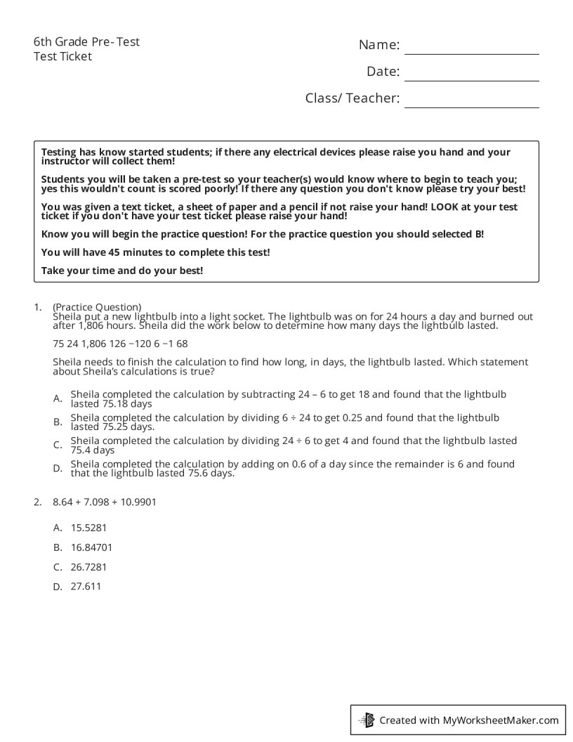 6th Grade Pre- TestTest Ticket - My Worksheet Maker: Create Your Own ...
