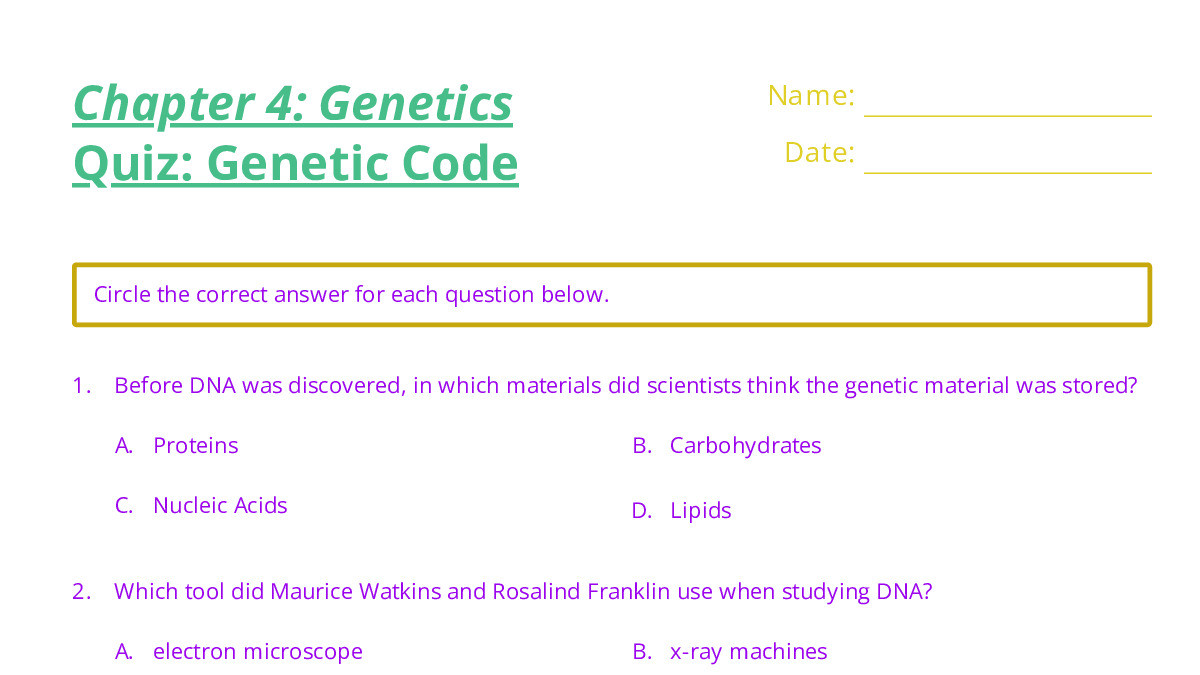 Chapter 4: Genetics Quiz: Genetic Code - My Worksheet Maker: Create ...