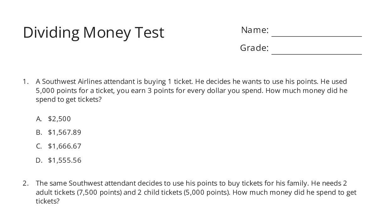 Dividing Money Test - My Worksheet Maker: Create Your Own Worksheets