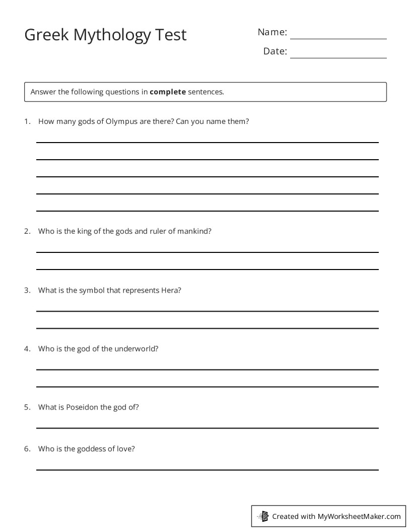Greek Mythology Test - My Worksheet Maker: Create Your Own Worksheets