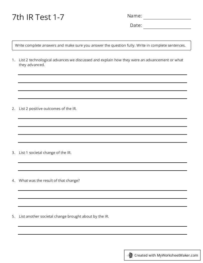 7th IR Test 1-7 - My Worksheet Maker: Create Your Own Worksheets