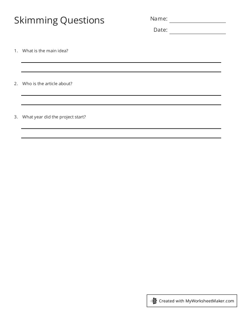 Skimming Questions - My Worksheet Maker: Create Your Own Worksheets