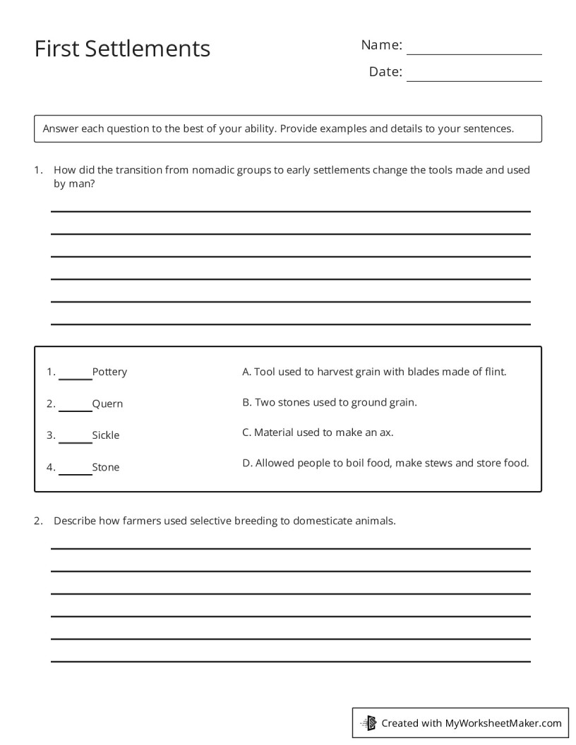 First Settlements - My Worksheet Maker: Create Your Own Worksheets