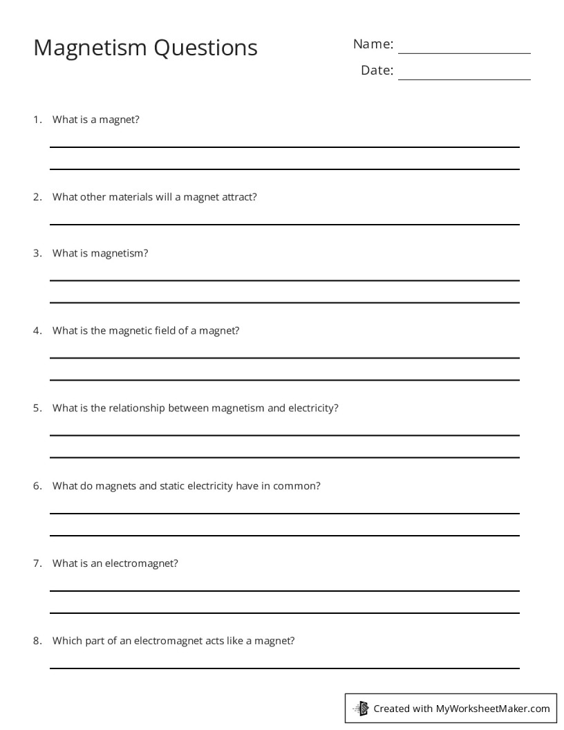 Magnetism Questions - My Worksheet Maker: Create Your Own Worksheets